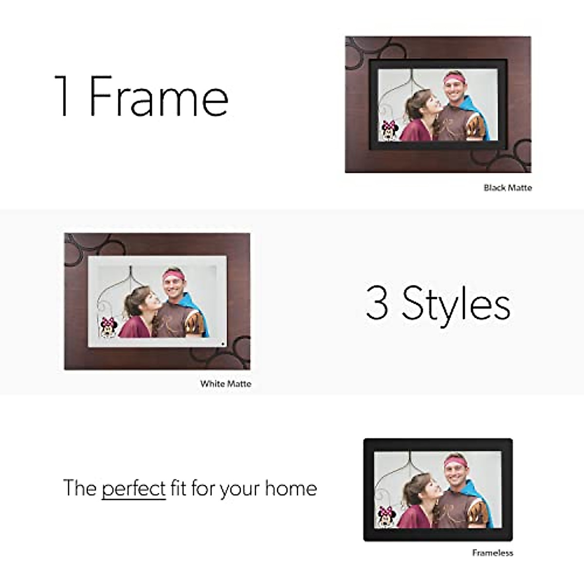 Disney Classic Mickey Mouse PhotoShare 8” Smart Digital Picture Frame, Send Pics from Phone to Frames, Wi-Fi, 8 GB, Holds 5,000+ Pics, HD Touchscreen, Premium Espresso Engraved Wood