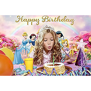 Betta Princess Happy Birthday Backdrop Colorful Rainbow Flowers Photo Backdrop Cartoon Fairy Tale Little Girl Princess Birthday Party Background Multicolor Glitter Photography Background 7x5ft