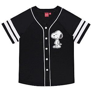 Peanuts Ladies Snoopy Baseball Jersey Snoopy Charlie Brown, Woodstock, Linus Mesh Button Down Baseball Jersey (Black, Large)