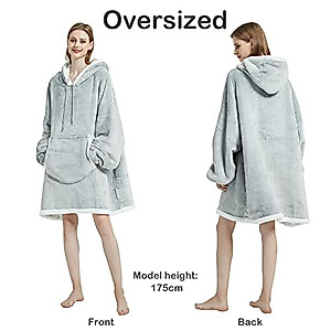 softan Blanket Hoodie, Oversized Sherpa Fleece Wearable Blanket for Women & Men, Super Warm and Cozy Plush Flannel Hooded Blanket, Sweatshirt Gift with Giant Pocket, One Size Fits All, Grey