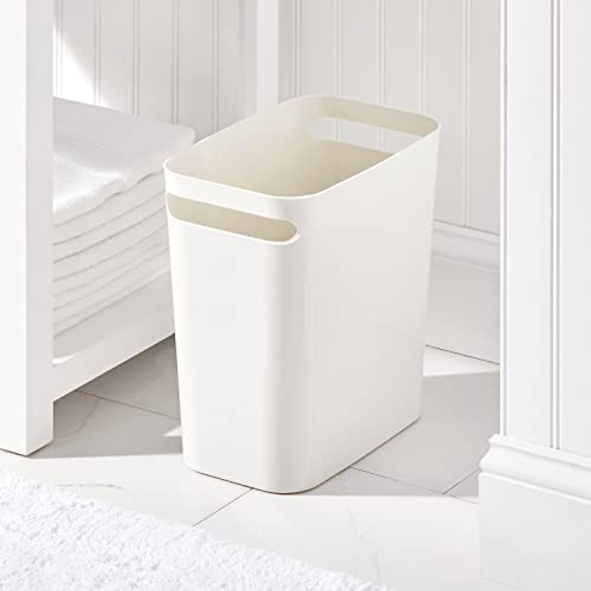 mDesign Plastic Slim Large 2.5 Gallon Trash Can Wastebasket, Classic Garbage Container Recycle Bin for Bathroom, Bedroom, Kitchen, Home Office, Outdoor Waste, Recycling - Aura Collection - Cream/Beige
