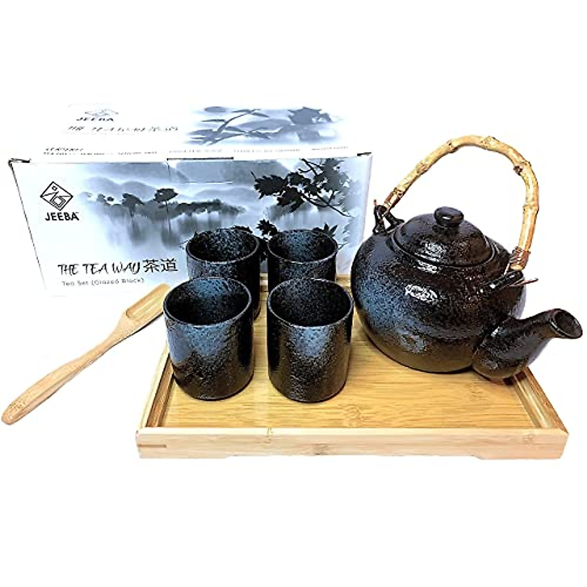 Japanese Asian Tea Set Ceramic Teapot with Strainer, Rattan Handle, 4 Tea Cups, Tea Scoop, Wooden Serving Tray and Instructions - Modern Teapot Set for Home and Office - Gift