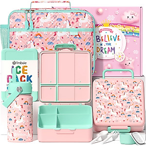 Fimibuke Kids Bento Lunch Box with 4 Compartments, Insulated lunch Bag, Stainless Steel Insulated Water Bottle, Ice Pack & Utensils, Unicorn Birthday Gifts for Ages 3-12 School Toddler Girls Boys