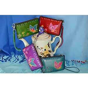 BPLeathercraft Leather Change Purse, handmade Wallet, Rectangle,A Flying Butterfly and Flower (Red-1)