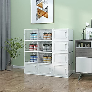 WAYTRIM 12 Pack Stackable Storage Shoe Box Foldable Sneaker Storage Box, Stackable Storage Bins Shoe Container Organizer Sneaker Storage Drawer Fit to Women Size 13, 6 Clean and 6 White Shoe boxes