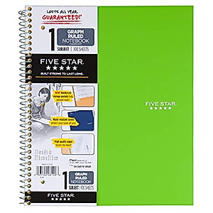 Five Star 06190 11" X 8-1/2" Graph Ruled 1 Subject Notebook Assorted Colors (Pack of 2)