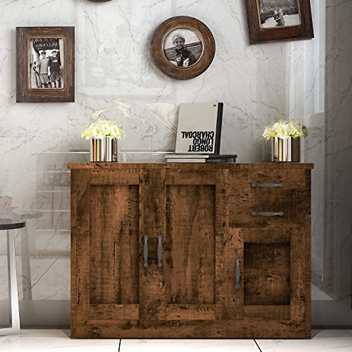 Boloni Farmhouse Buffet Cabinet, Sideboard Bar Storage with 3 Doors, 2 Drawers, Adjustable Shelve, Credenza Console Table for Entryway, Living Room, Dining Room, Kitchen, Walnut