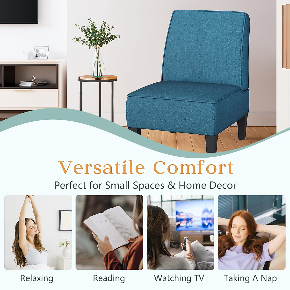 ALISH Accent Chairs Set of 2 Upholstered Living Room Chairs Armless Side Chairs Bedroom Chairs with Curved Backrest and Wooden Legs Blue