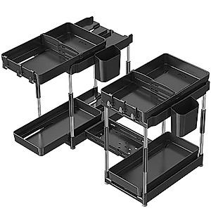 Double Sliding Under Sink Organizers and Storage - Adjustable 2 Tier Pull Out Under Cabinet Organizer Counter, Under Sink Storage for Bathroom and Kitchen, Multi-Purpose Organization and Storage Shelf
