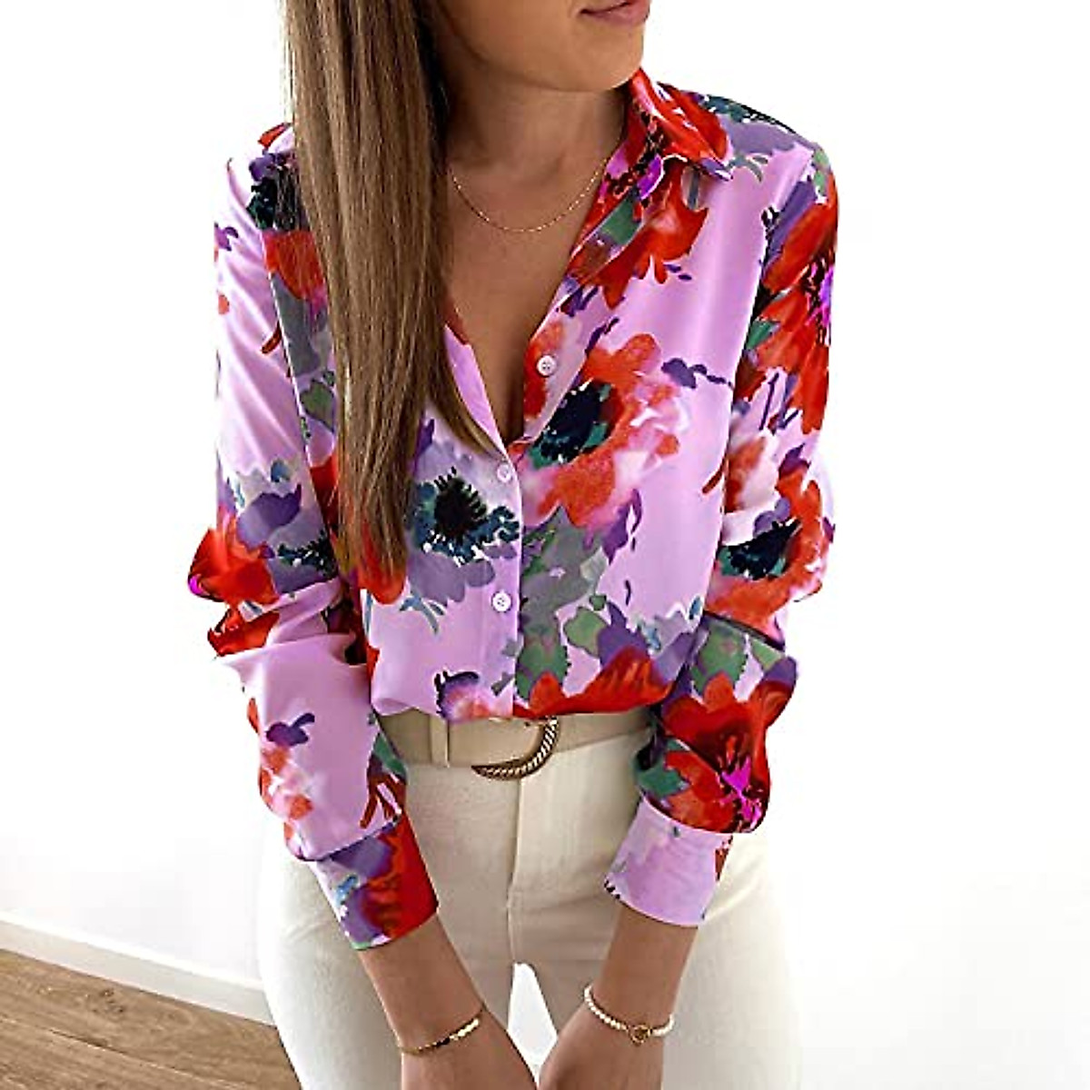 lcziwo Button Down Floral Printed Shirts for Women Casual Turn -Down Collar Blouse Shirt Long Sleeve V Neck Top Purple
