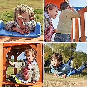 MengK Wooden Swing Set with Slide, Climbing Wall, Sandbox and Wood Roof, Outdoor Playhouse Backyard Activity Playground Playset for Toddlers