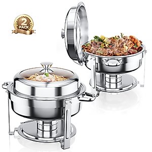 Chafing Dish Buffet Set 2 Pack, 5.5 QT Round Chafing Dishes for Buffet with Glass Lid & Lid Holder, Stainless Steel Chafers and Buffet Warmers Sets for Catering, Parties and Weddings