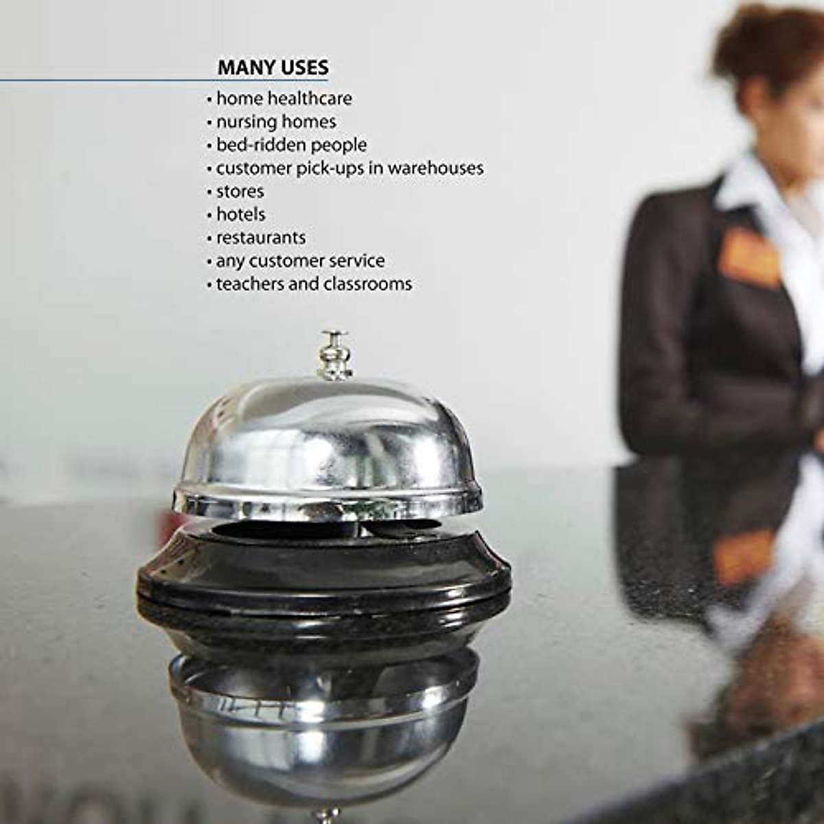 Call Bell Chrome Finish. Hand front desk ringing bell service hotel, counter, school teacher classroom, restaurant, reception, Hospitals, warehouse, office, dinner, kitchen, elderly ring. 3.38"/Silver