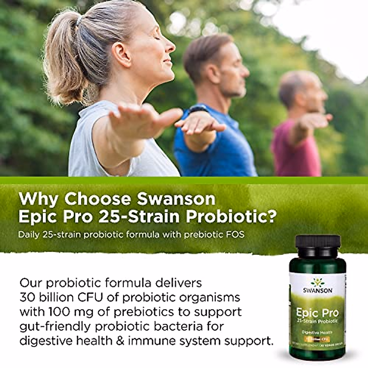 Swanson Epic-Pro 25-Strain Probiotic 30 Billion CFU Digestive Health Immune System Support Prebiotic Nutraflora FOS 30 DRcaps Veggie Capsules (Caps) (4 Pack)