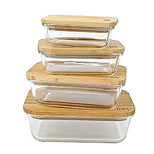 DE Plastic-Free Glass Food Storage Containers with Eco-Friendly Bamboo Wooden Lids, Set of 4 Pantry Organization Ideal for Flour, Sugar, Coffee, Teabags, Pasta, Candy, Snack and Various Dried Foods