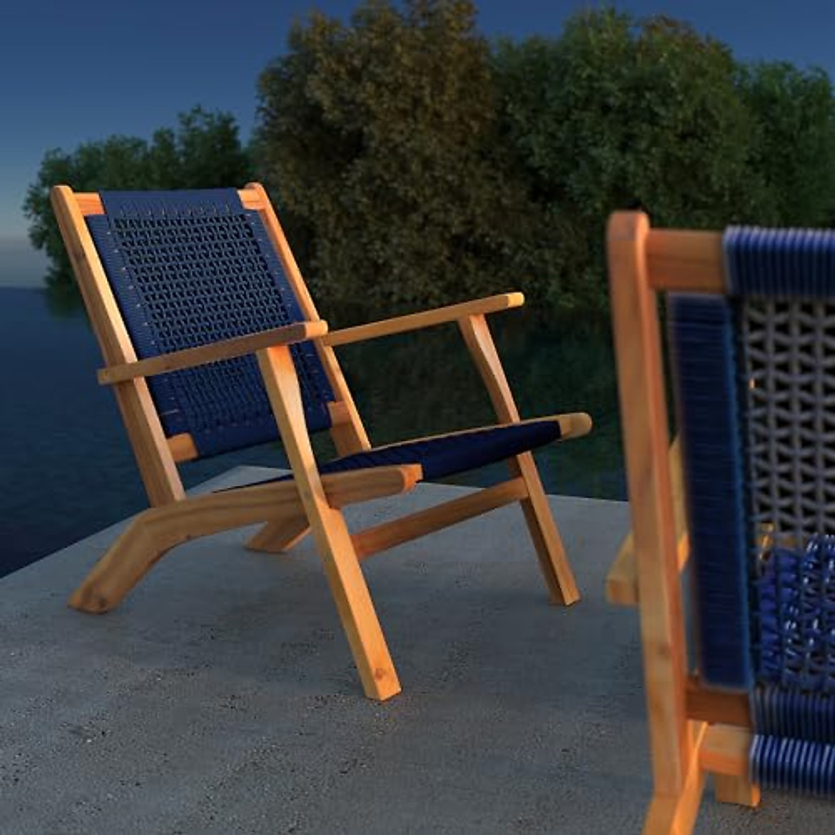 Patio Sense 63634 Vega Natural Stain Outdoor Chair Acacia Wood Construction Woven Web Seat Mid Century Design Comfortable Reclining Armchair Patio Lawn Garden Backyard Deck - Navy Blue Cording