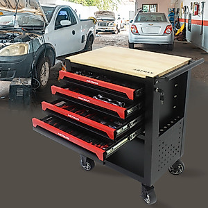 Campfun Rolling Tool Cart with 4-Drawer 266PCS Tool Set, Tool Chest Cart on Wheels, Utility Tool Box with Wooden Top Workbench, Tool Storage Cabinet Organizer for Garage, Workshop, Repair Shop