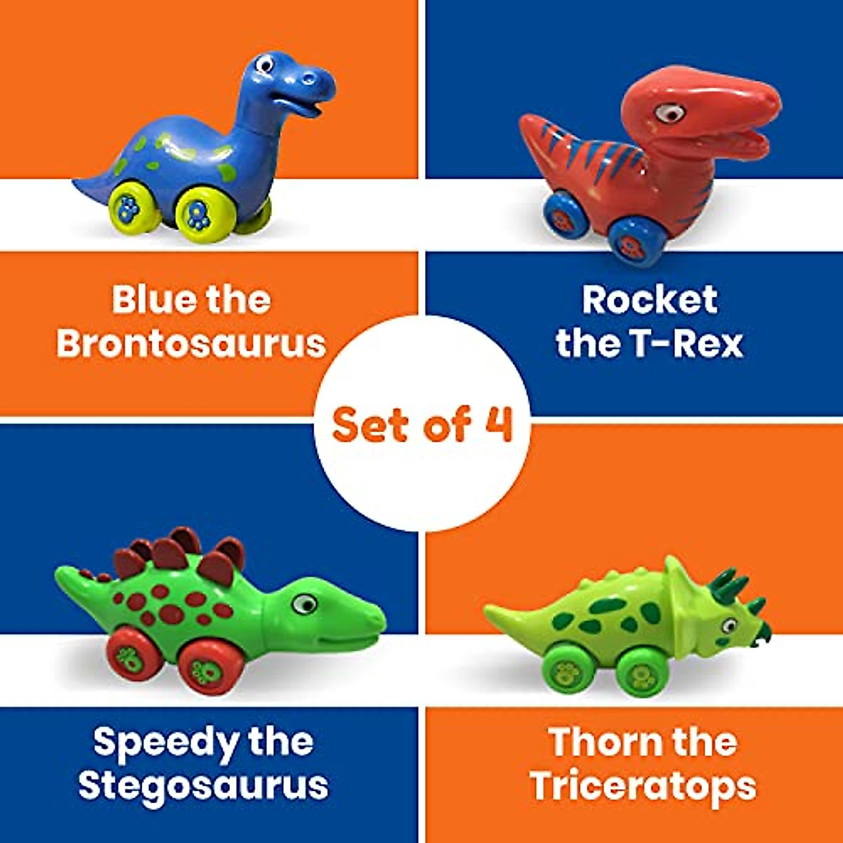 3 Bees and Me Dinosaur Car Toys for Kids - 4-in-1 Pack - Fun Toddler Dinosaur Toy Set for Kids - Dinosaurs with Wheels Birthday Party Toy - Christmas, Birthday Gift for Boys and Girls, Age 3 and Up