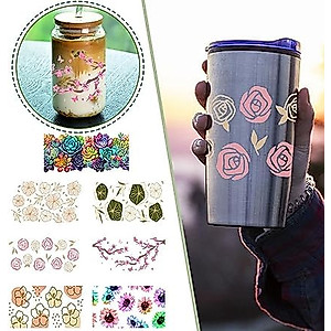 Coloured UV DTF Cup Wrap,Succulents Theme Rub on Transfers Decals,UV DTF Transfer Waterproof Sticker for Glass Coffee Cups,Vintage Cups Wrap Transfer Stickers Decals Iron-on Transfers Trim and