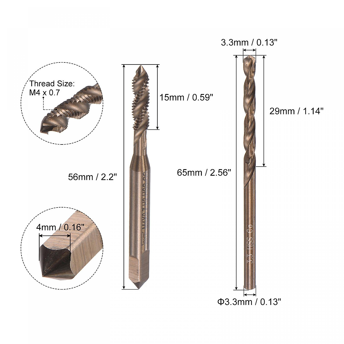 uxcell M4 x 0.7 Spiral Flute Tap and 3.3mm Twist Drill Bit Set, Metric M35 Cobalt High Speed Steel Machine Threading Screw Thread Tap Tool for Stainless Steel