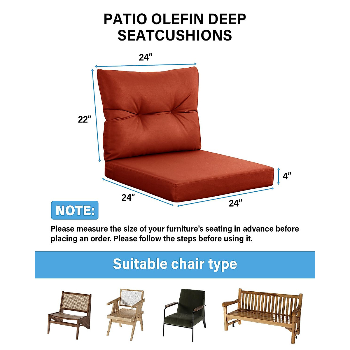 YEFU Outdoor Deep Seat Cushion Set of 2, Double Waterproof Tech Fade Resistant Outdoor Chair Cushions, Patio Furniture Cushions with Straps for Chair Sofa Couch, 24x24 Inch, Burnt Orange