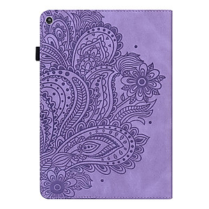 UUcovers for Kindle Fire HD 8 Case 8th/7th/6th Generation (2016/2017/2018) with Stand/Pencil Holder/Pockets [Embossed Pattern] PU Leather Folio Magnetic Wallet Shockproof Cover, Purple Peacock Flower