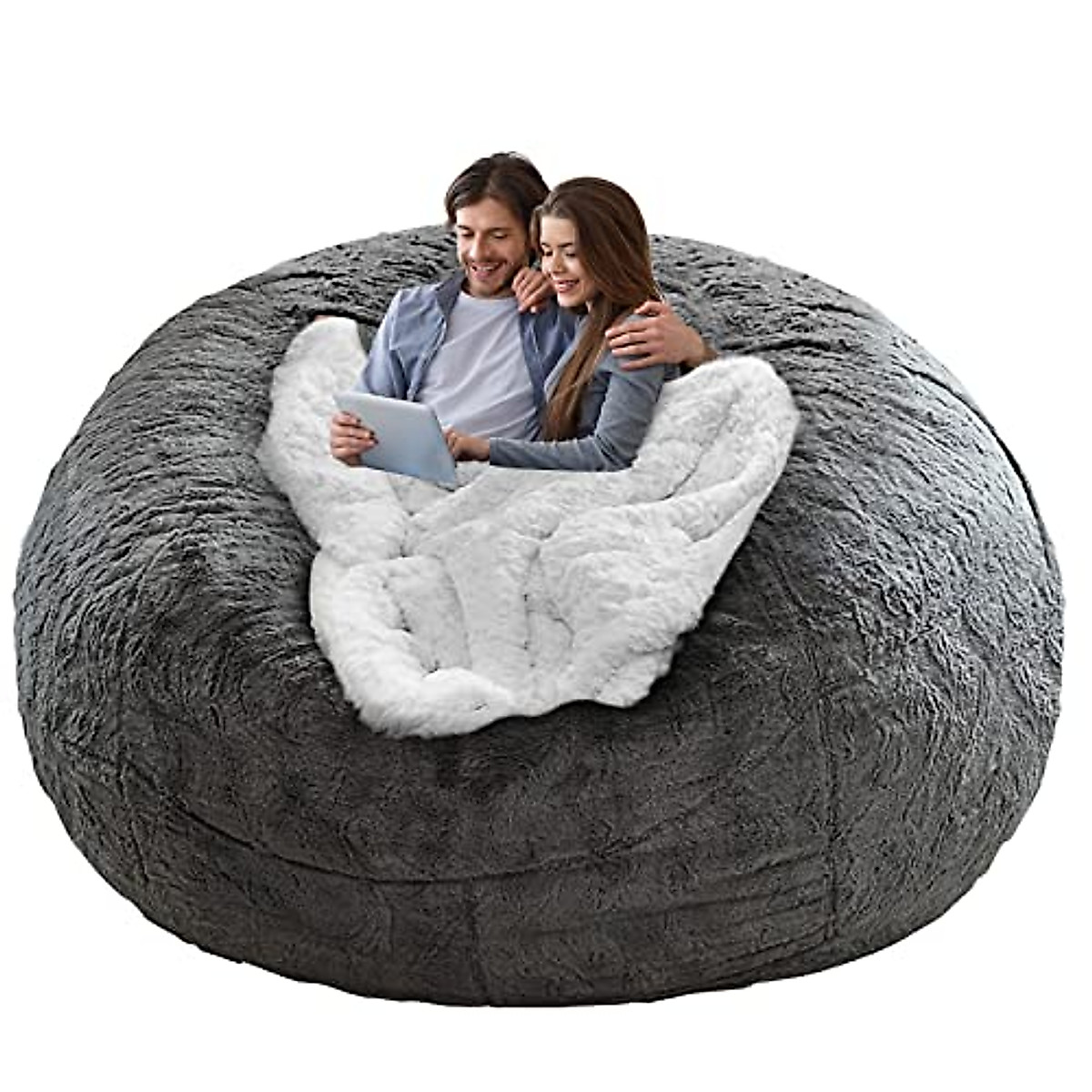 YudouTech Bean Bag Chair Cover(Cover Only,No Filler),Big Round Soft Fluffy PV Velvet Washable Bean Bag Lazy Sofa Bed Cover for Adults,Living Room Bedroom Furniture Outside Cover,5ft Dark Grey.