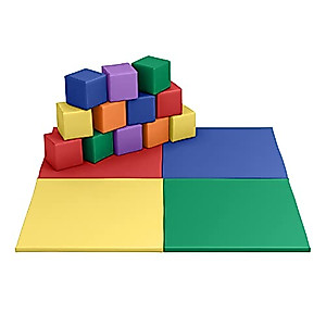 ECR4Kids SoftZone Quad Fold-N-Go Activity Mat and Patchwork Toddler Blocks, Beginner Playset, Assorted, 13-Piece