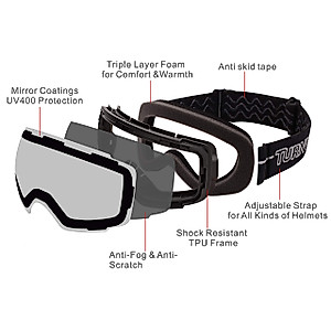 TurnWay OTG Ski/Snowboard Goggles - 100% UV Protection, Anti-Scratch & Anti-Fog - Snow Goggles for Men, Women & Youth