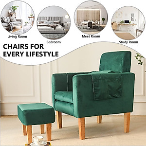 TAKUKA Modern Accent Velvet green Chair Upholstered Armchair with Ottoman Fabric Armchair and Footrest Set Comfy Reading Single Sofa for Living Room Bedroom (Velvet green)