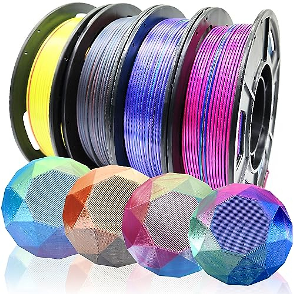 Reprapper 4X 250g Color Pack, Triple Color Filament Coextrusion PLA Filament 1.75mm for 3D Printer & 3D Pen, 4 Spools Silk Rose/Blue/Green, Red/Blue/Gold, Green/Blue/Yellow, Gold/Copper/Black