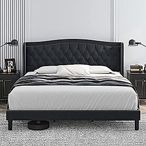 HOSTACK Queen Size Bed Frame, Modern Upholstered Platform Bed with Wingback Headboard, Heavy Duty Button Tufted Bed Frame with Wood Slat Support, Easy Assembly, No Box Spring Needed(Gray, Queen)