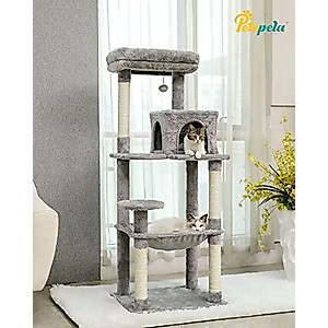 PETEPELA 56.3 Inches Cat Tree for Indoor Cats Multi-Level Cat Tower with Sisal Covered Scratching Posts, Cozy Condo, Super Large Hammock and Plush Perches Grey