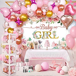 Winrayk 145Pcs Baby Shower Decorations for Girl Baby Boxes with Letters (Baby Girl+A-Z) & Rose Gold Pink Balloon Arch & Backdrop Tablecloth & Bowtie Heart Balloon Princess Girl Baby Shower Decorations