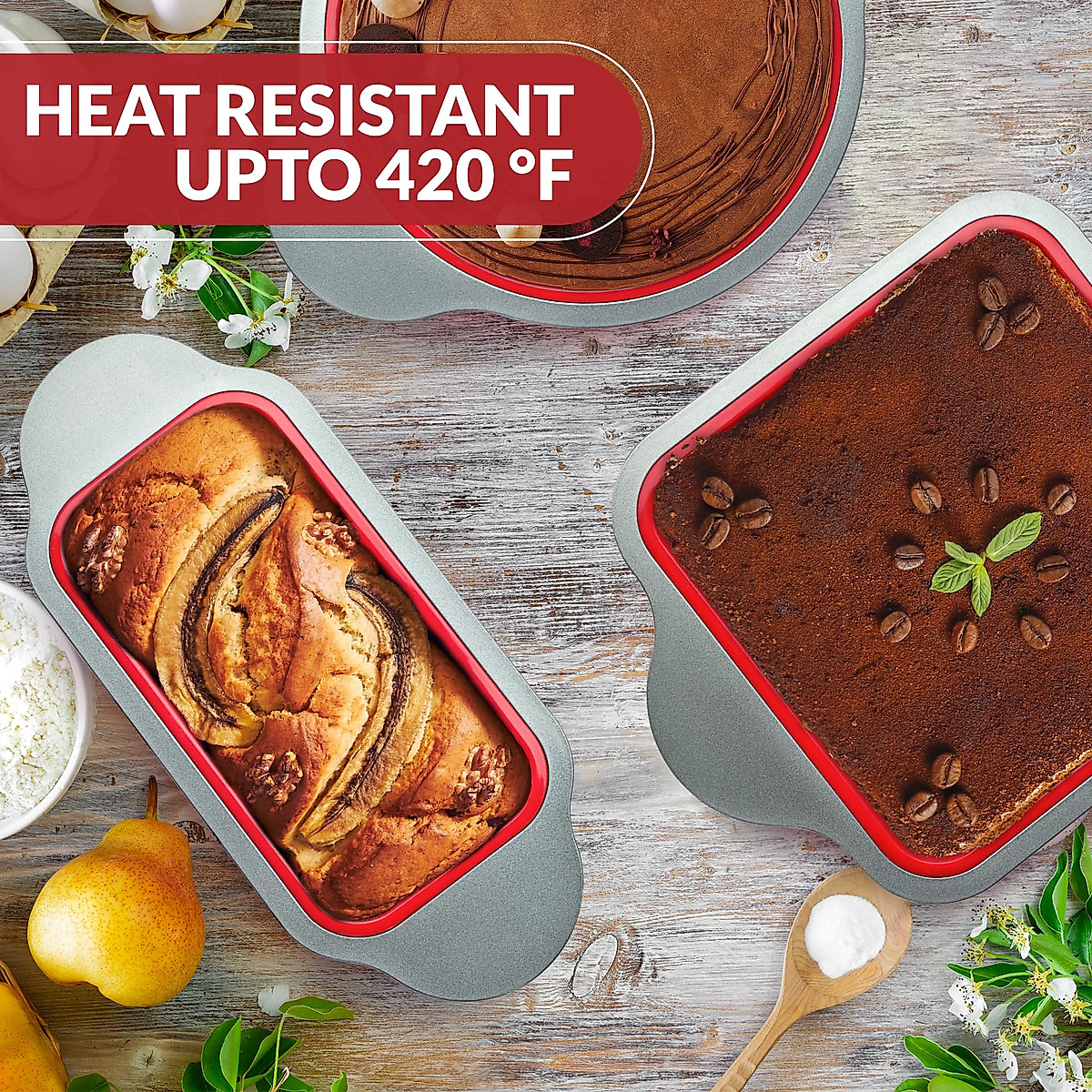 Boxiki Kitchen Silicone Baking Pans Set. 3 PCS Professional Silicone Non-Stick Baking Cake Pans Set includes Silicone Round Cake Pan, Square Cake Pan and Bread Loaf Pan.