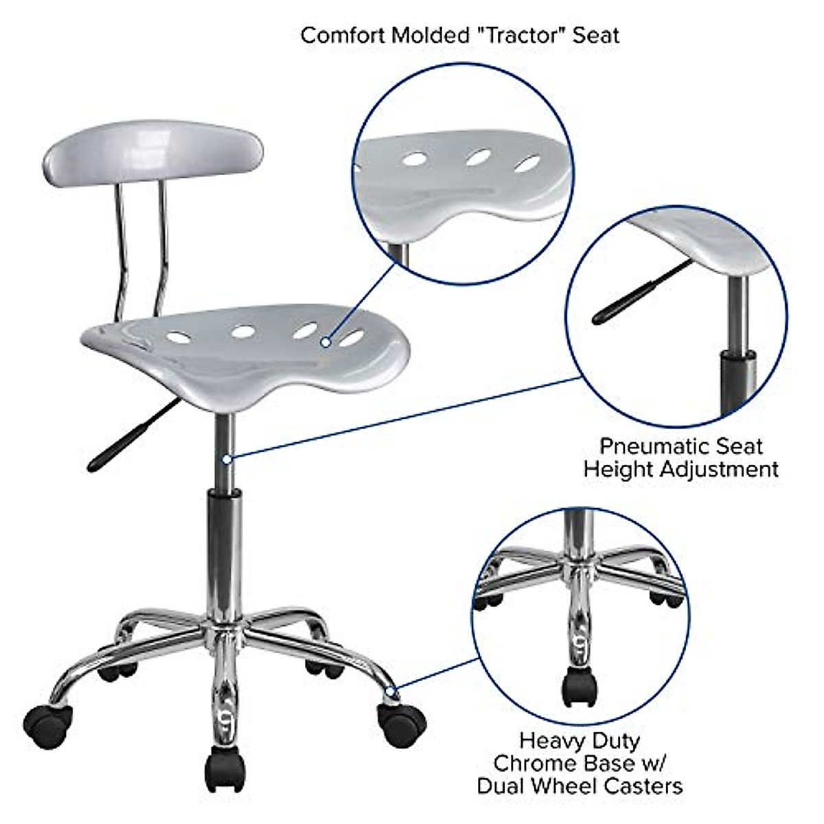 Flash Furniture Elliott Vibrant Silver and Chrome Swivel Task Office Chair with Tractor Seat