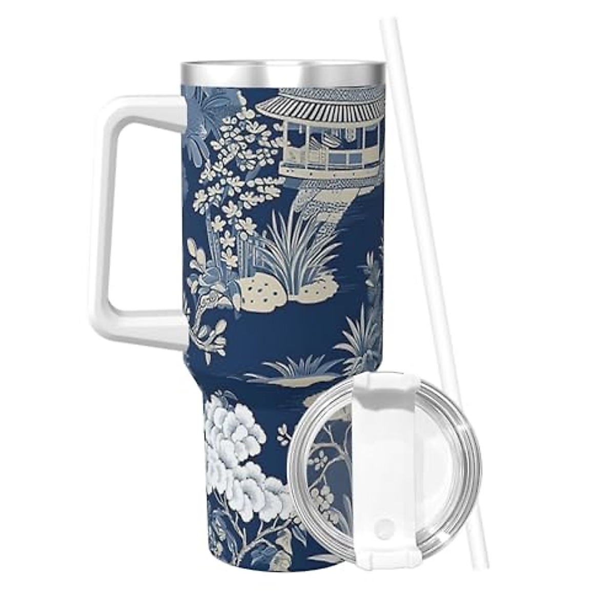 Xiexide 40oz Fits Cup Holder Gifts Ancient Blue And White Chinese Style Chinoiserie Folk Double Walled Vacuum Insulatedith Handle And Straw,Hot & Cold Drinks