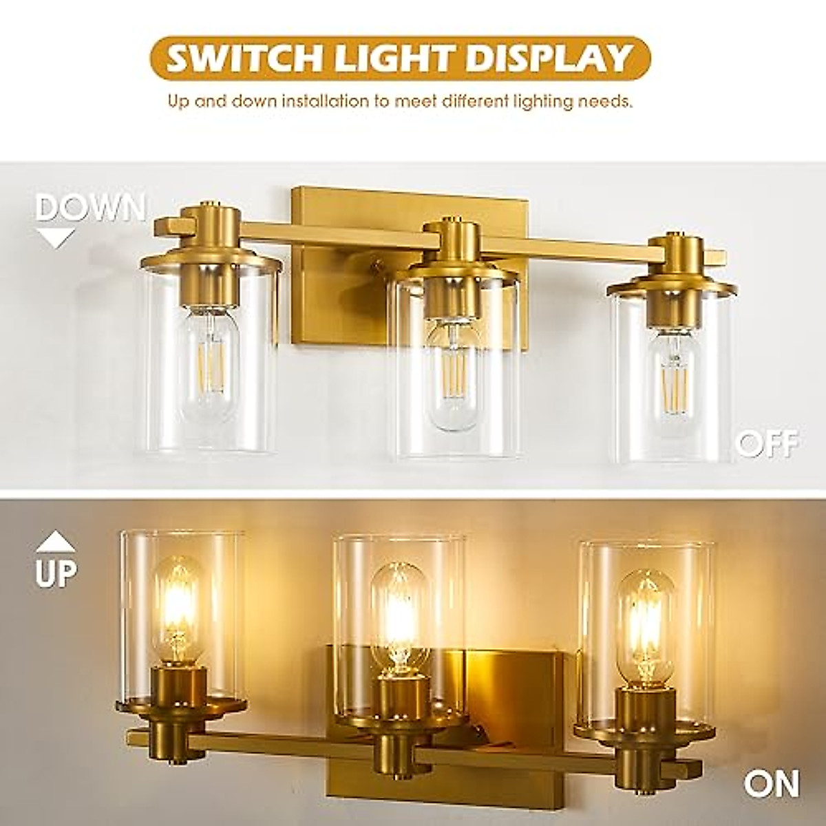 Eatich Bathroom Light Fixtures, 3-Light Brushed Gold Bathroom Vanity Light, Brass Vanity Lights for Bathroom with Clear Glass Shade, Modern Vintage Bathroom Lights Over Mirror