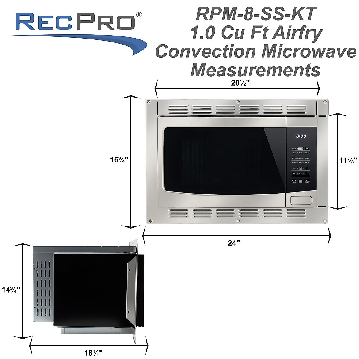 RecPro RV Kitchen Air Fryer & Convection Microwave with Trim Kit | 1.0 Cu. Ft. | 120V | 6 Cooking Modes (Stainless Steel)