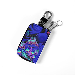 Poceacles Forest Mushroom Print Fashion Car Key Case, Leather Waterproof Auto Key Bag Car Smart Key Chain Keychain Holder with Zipper and Metal Hook