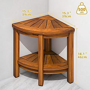 DWVO Teak Shower Bench 18" Shower Stool Corner Bench with Storage Shelf, Corner Seat for Inside Shower, Shower Stool Seat with Non-Slip Feet for Bathroom, Living Room, Indoor and Outdoor Use