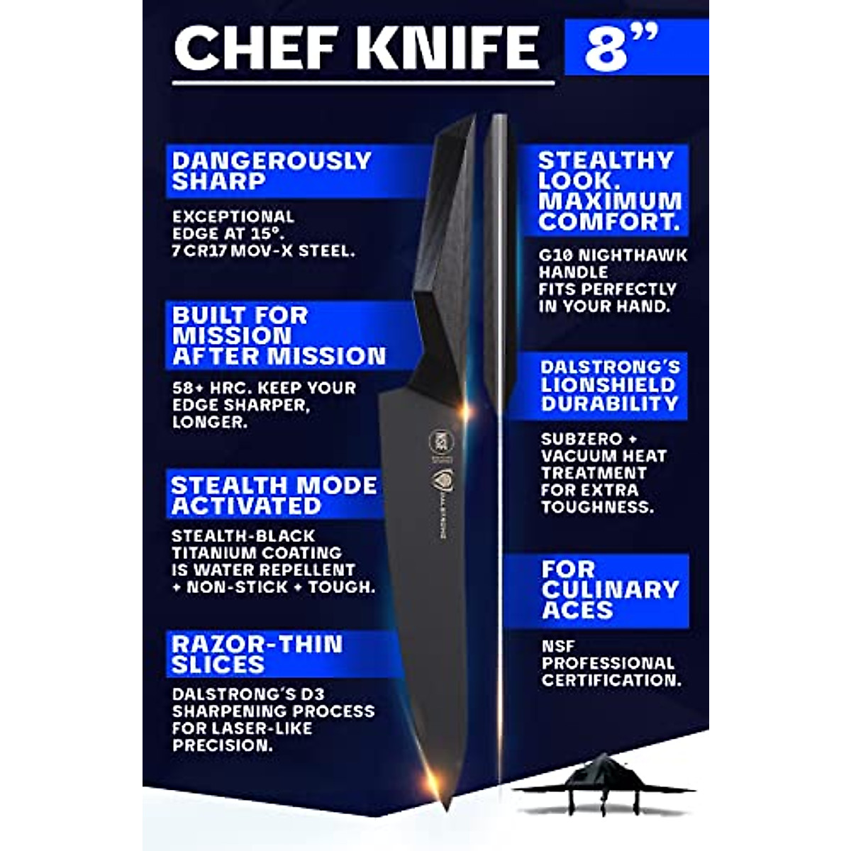 Dalstrong Shadow Black Series Black Titanium Nitride Coated High Carbon 7CR17MOV-X Vacuum Treated Steel Chef Kitchen Knife, 8 Inches, Sheath Included