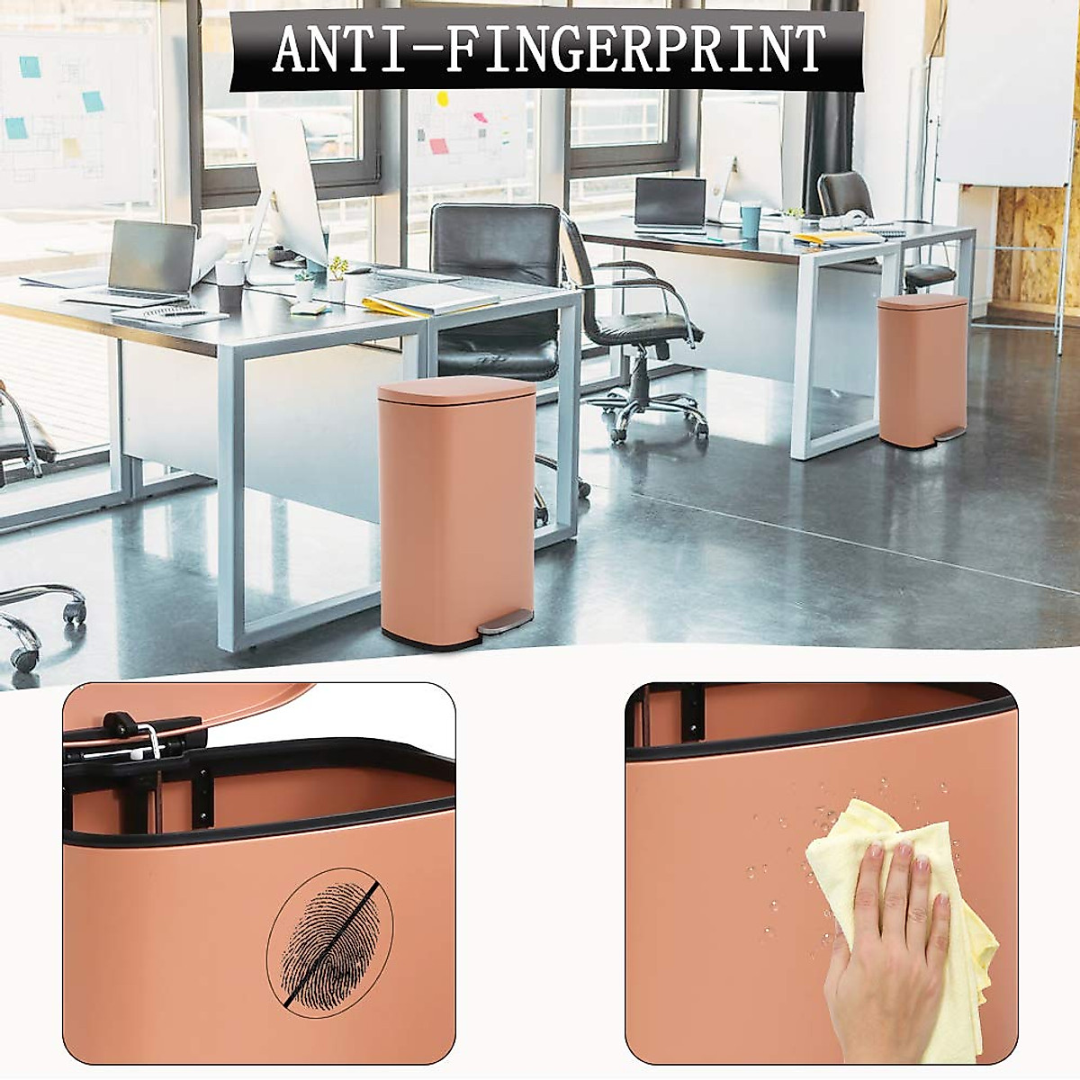 Dkeli Kitchen Trash Can with Soft Slow Lid Pedal Step Trash Can with Removable Plastic Inner Bucket Stainless Steel Garbage Can for Bathroom Kitchen and Office Trash Bin 13 Gallon / 50 Liter, Pink