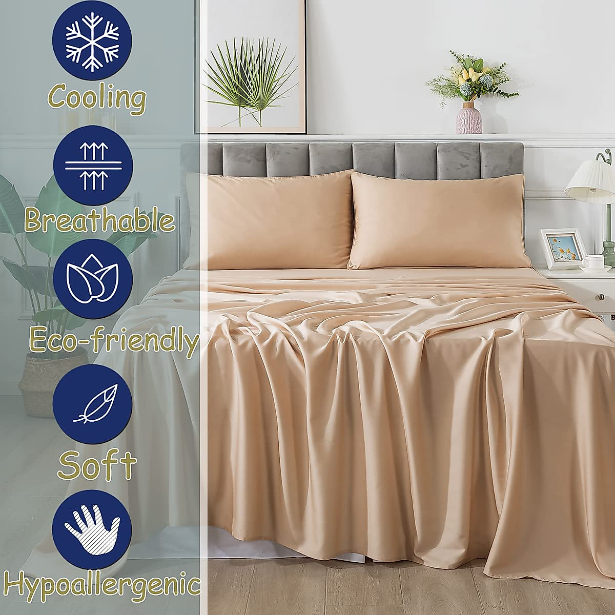 FADFAY Bed Sheets Set Cal King Size Champagne Gold Sheet Luxury Lyocell Tencel 600 TC Soft Silky Deep Pocket Sheets 17.5'' 4 Pcs, Cal King