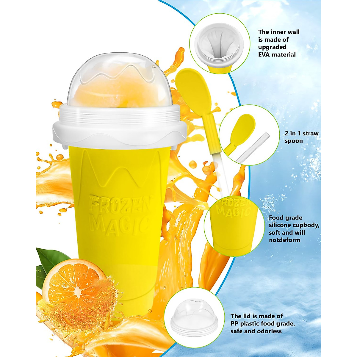 Slushy Maker Cup, DIY Magic Slushy Maker Squeeze Cup, Portable Smoothie Squeeze Cup for Juices, Milk and Ice Cream Make, Double Layers Silica Cup with Lid & Straw for Kids, Friends, Family (Yellow)1