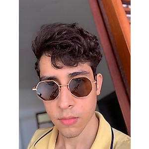 PORADAY Square Sunglasses for Women Men Retro Octagon Metal Sun Glasses Vintage Polygon Shades (Gold/Gray)