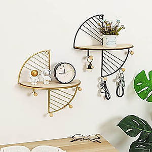 JOSON Bedroom Half Round Wall Mounted Floating Shelf for Bedroom, Living Room, Office Metal Geometric Hanging Shelf（Gold）