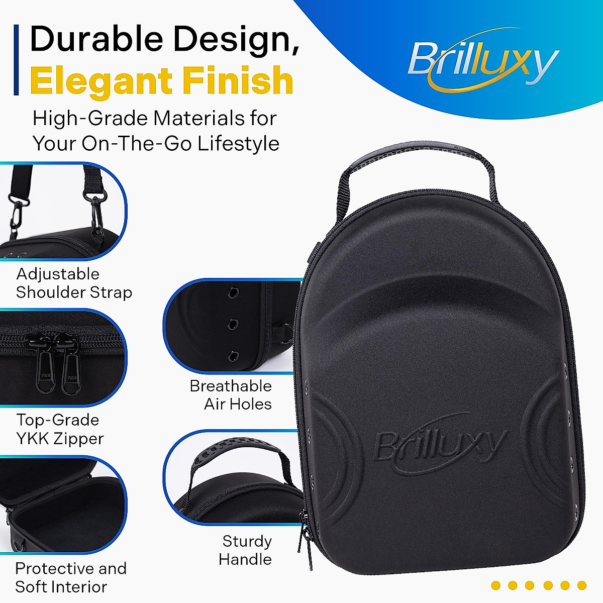 Brilluxy Hat Travel Case – Hat Storage for Baseball Caps with Sunglasses Case, Earbuds Pocket – Hat Case for Travel with Padded Carrying Straps – Hard Hat Carrying Case Fits up to 6 Hats