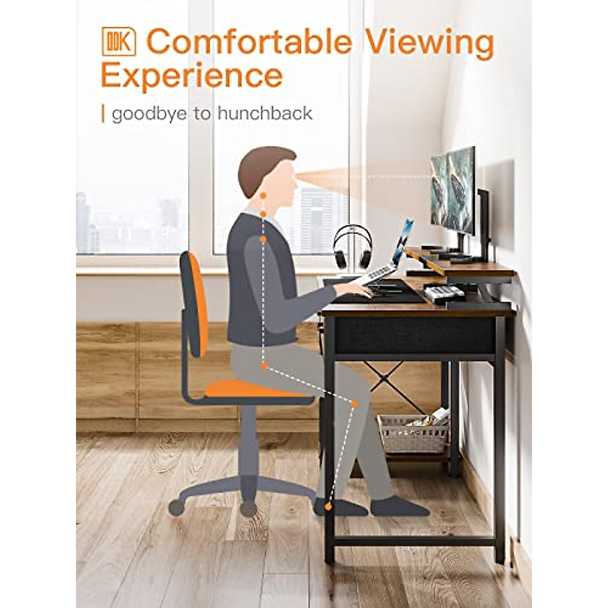 ODK Computer Desk with Drawers, 48 Inch Office Desk with Storage Bag & Shelves, Work Writing Desk with Monitor Stand Shelf, Rustic Brown Home Office Desks for Small Spaces