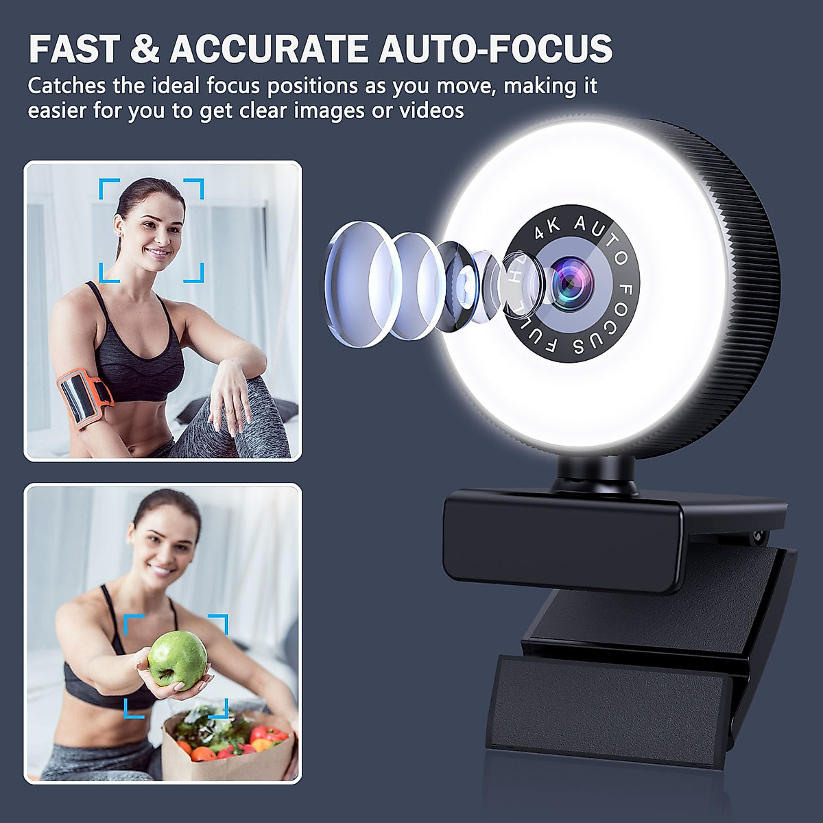 Cnkaite 4K Webcam, HD Autofocus Webcam with Microphone, Adjustable Light Computer Camera with Privacy Cover and Tripod Stand, Plug and Play USB Webcam for Laptop Desktop Video Calling